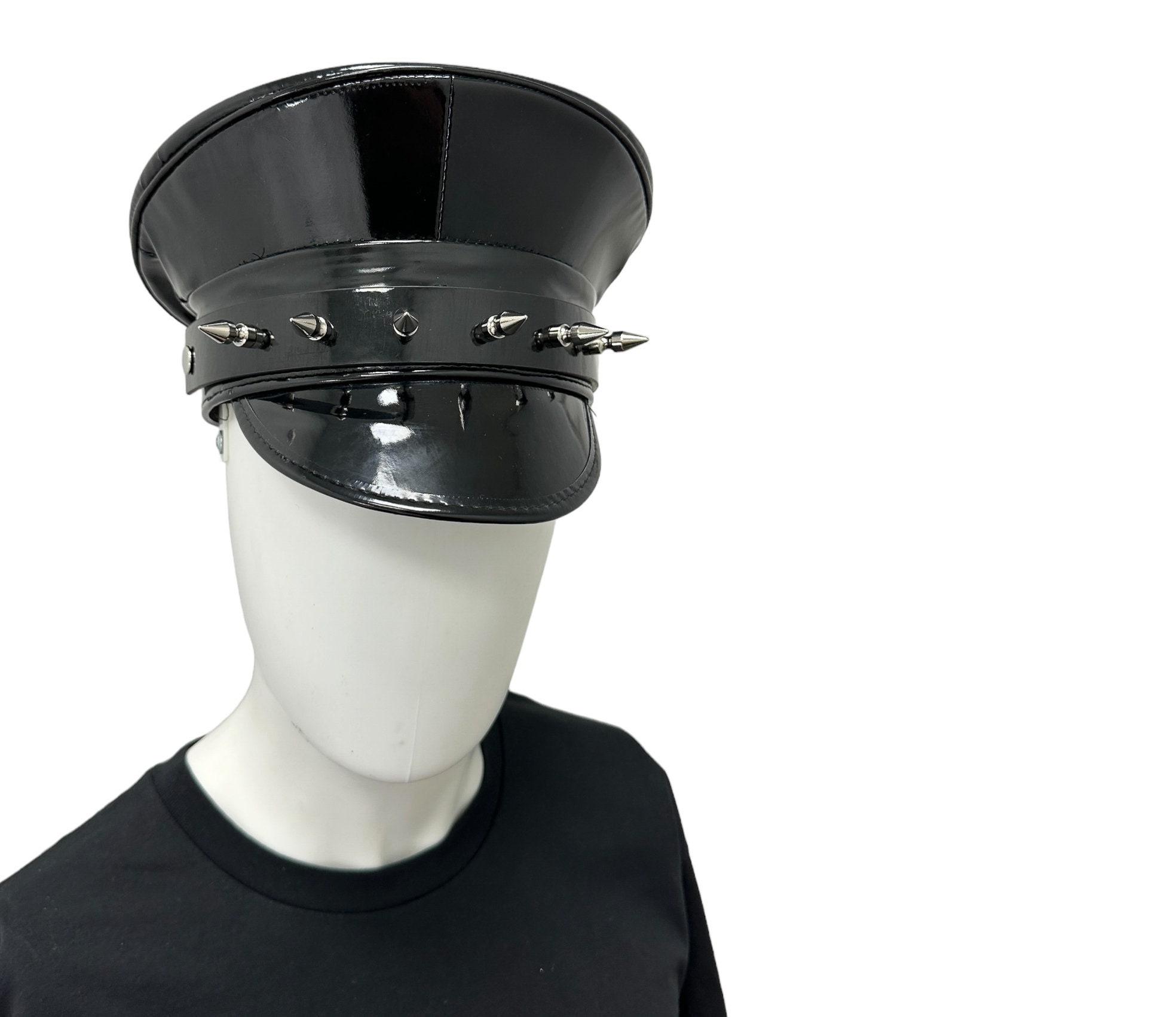 Black Patent Leather Military Police Captain Spike Punk Goth Rave Hat ...