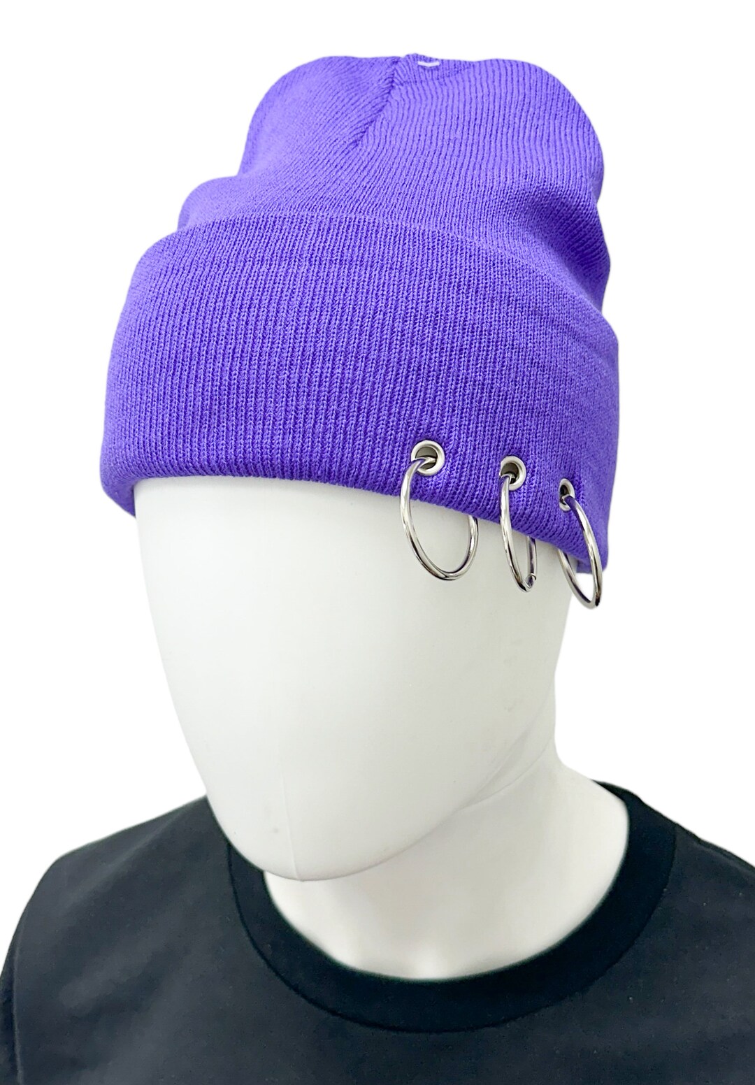 Beanie Hat Purple Piercing Ring Premium Handmade Goth EMO Thrash Rock ...