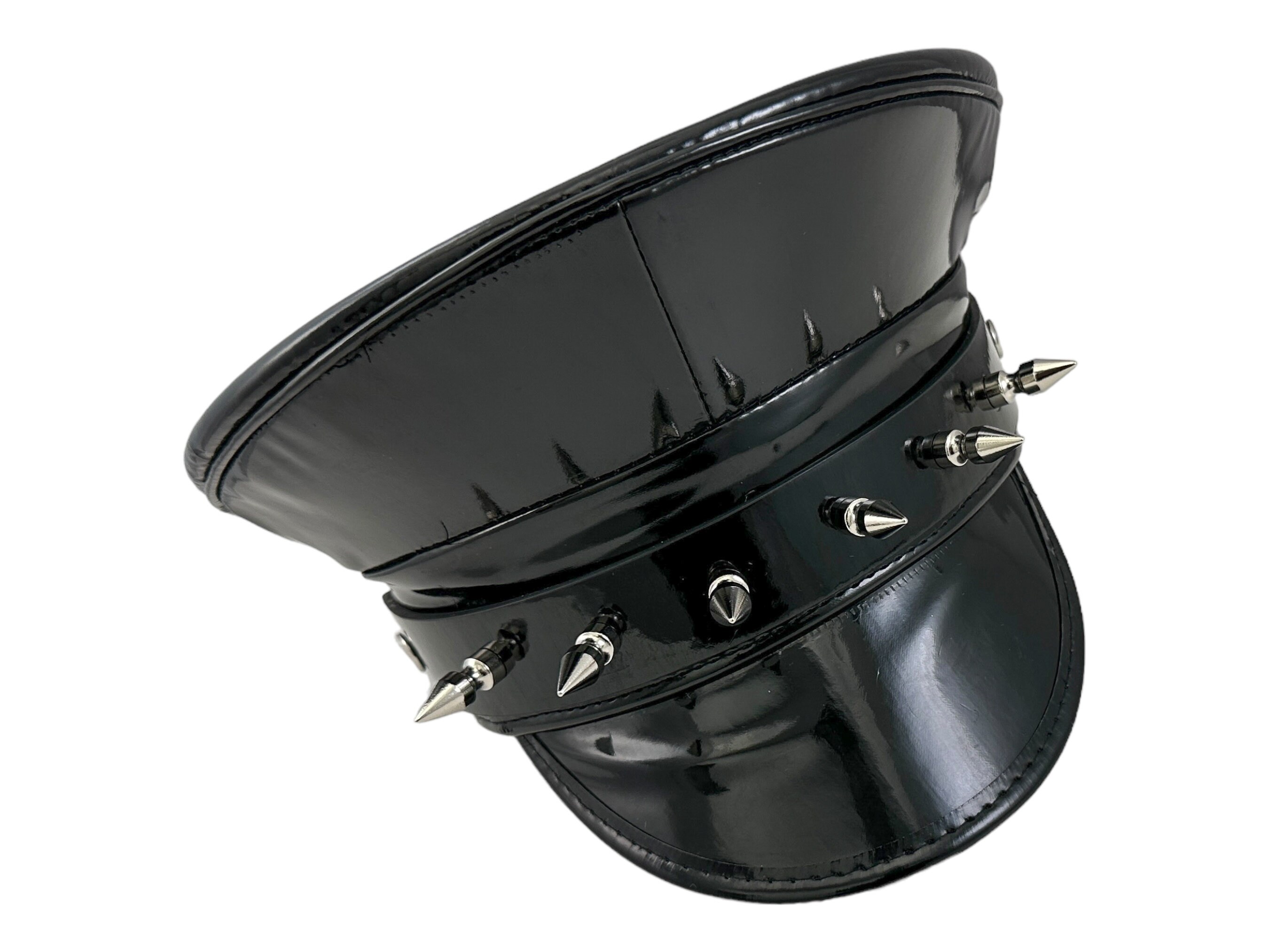 Black Patent Leather Military Police Captain Spike Punk Goth Rave Hat ...