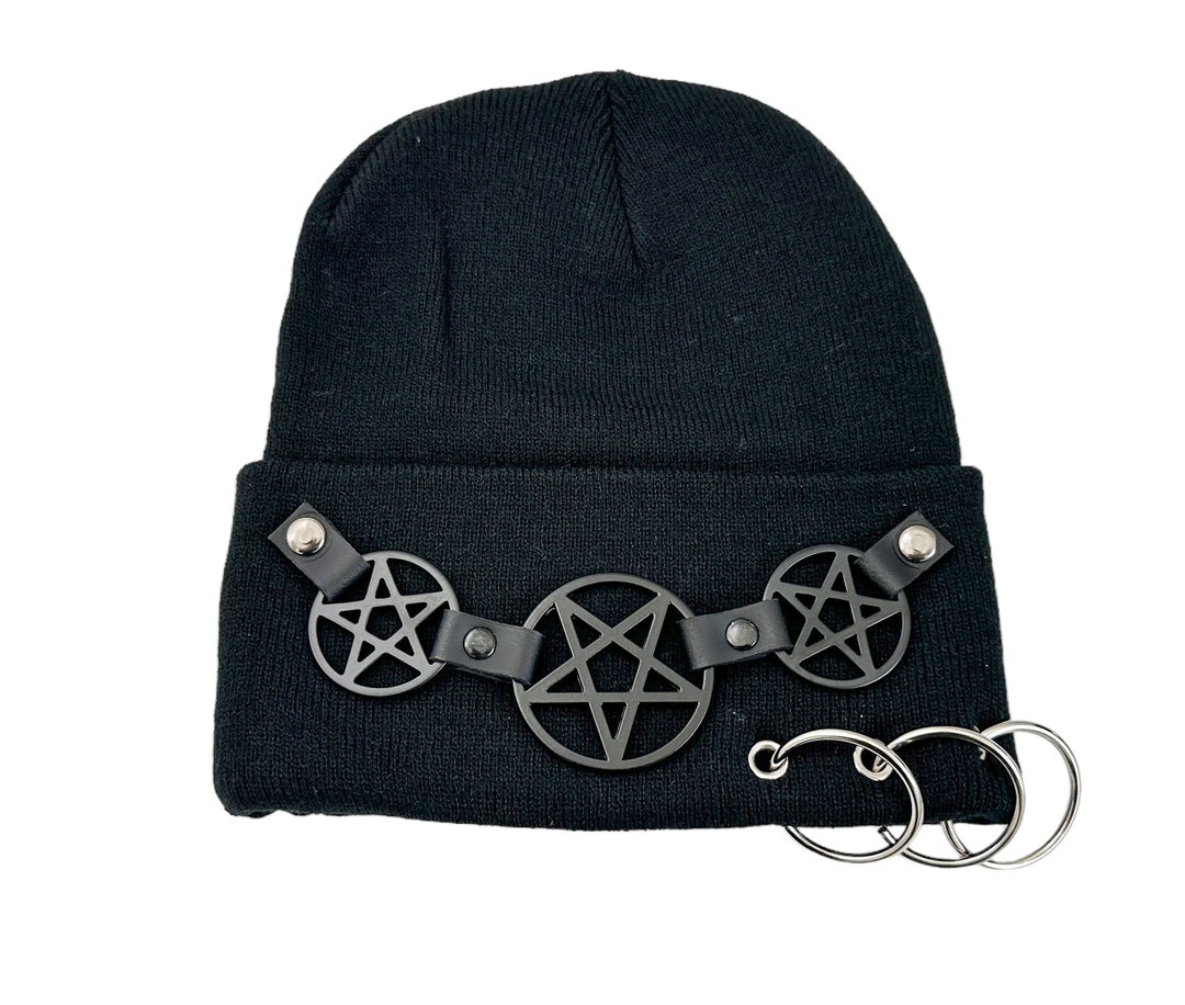Goth Black Beanie Black Pentagram Leather Piercing Ring Handmade Goth ...