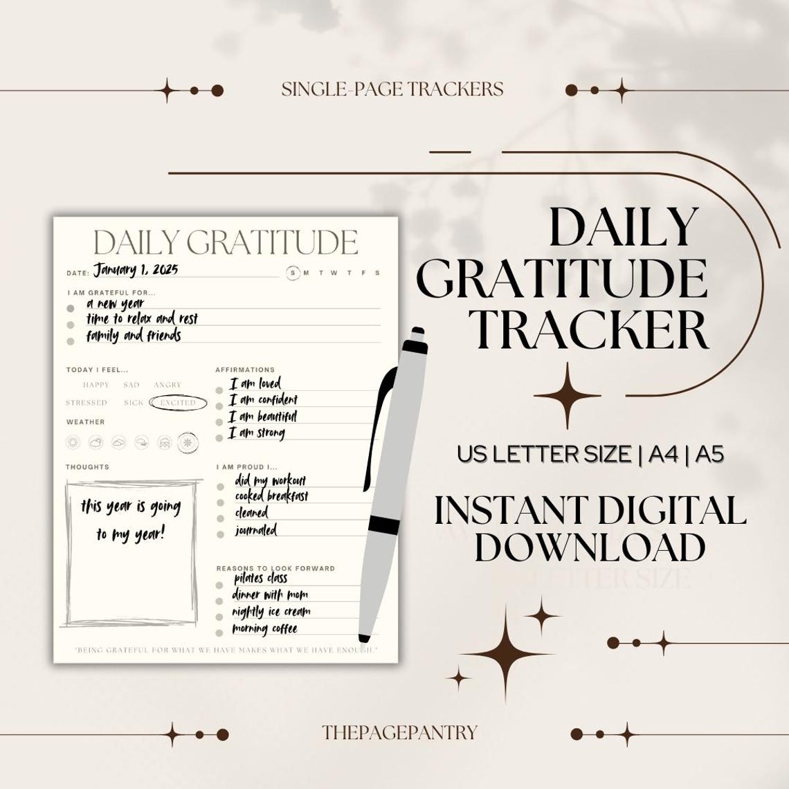Daily Gratitude Tracker | Printable Digital Gratitude Sheet | Single ...
