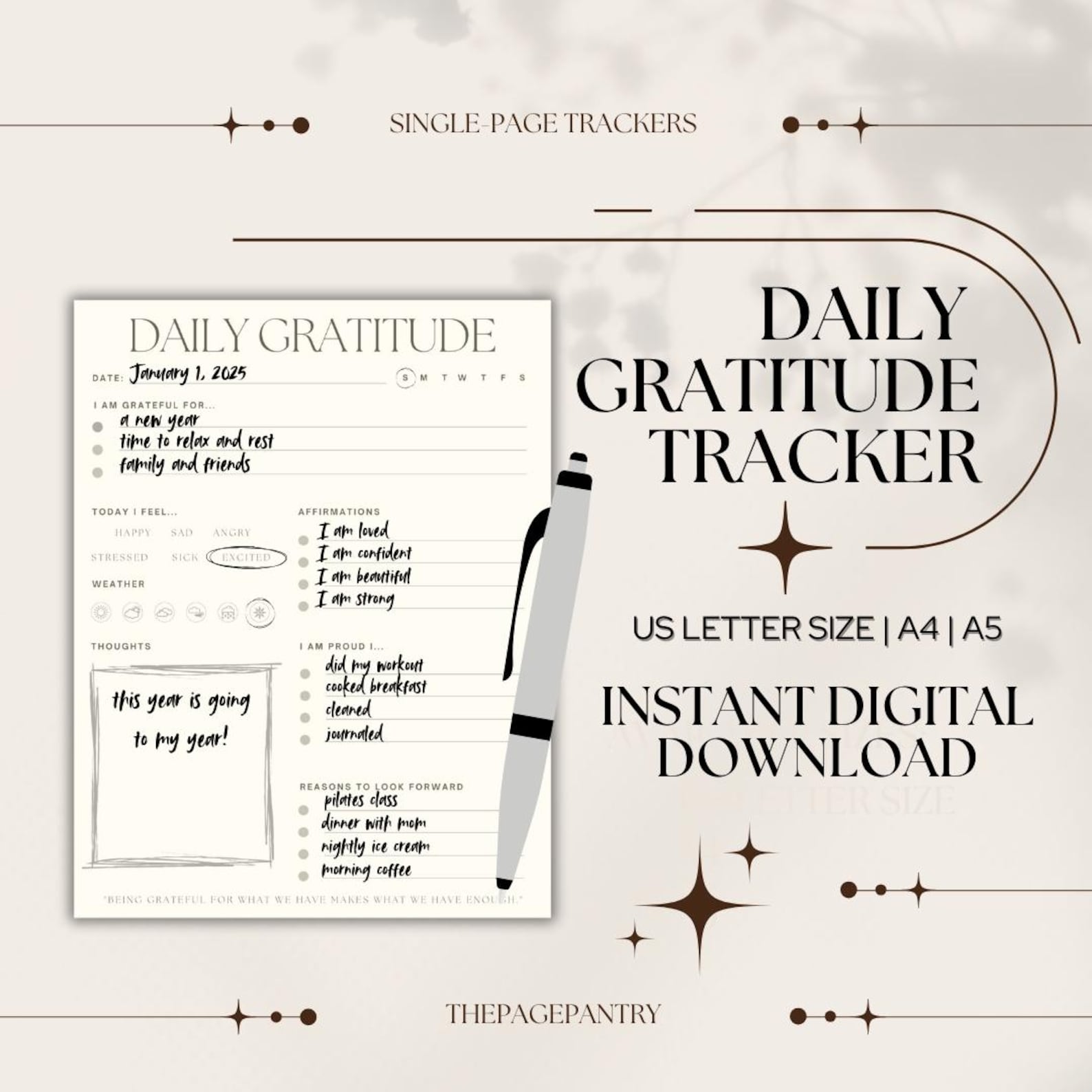 Daily Gratitude Tracker | Printable Digital Gratitude Sheet | Single ...