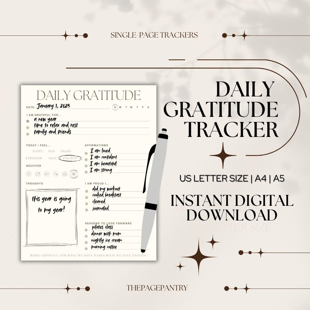 Daily Gratitude Tracker | Printable Digital Gratitude Sheet | Single ...