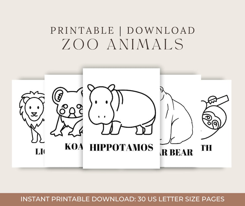 Printable Zoo Animals Coloring Pages Sheets, Digital Download Coloring ...