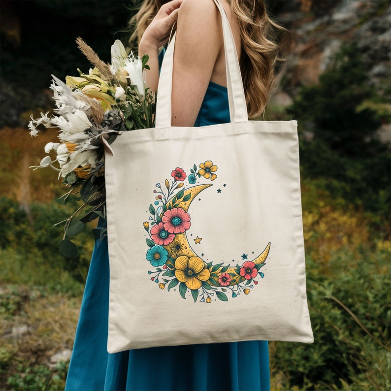 Flower Moon Theme Tote Bag Gift for Moon Lover Totebag Boho Floral Tote ...