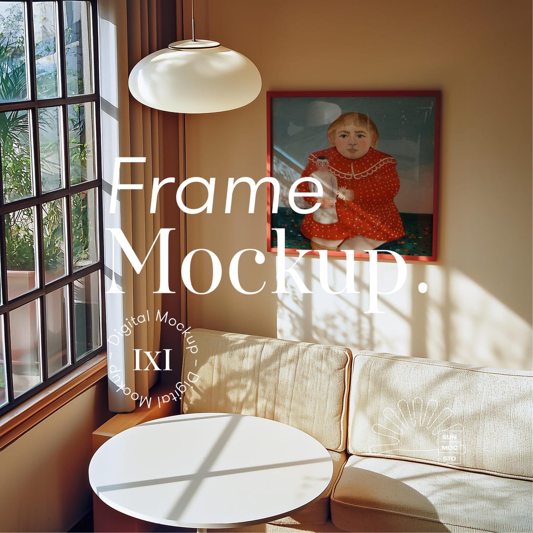 Vintage-style Red Square Picture Frame Mockup Above Corner Table in ...