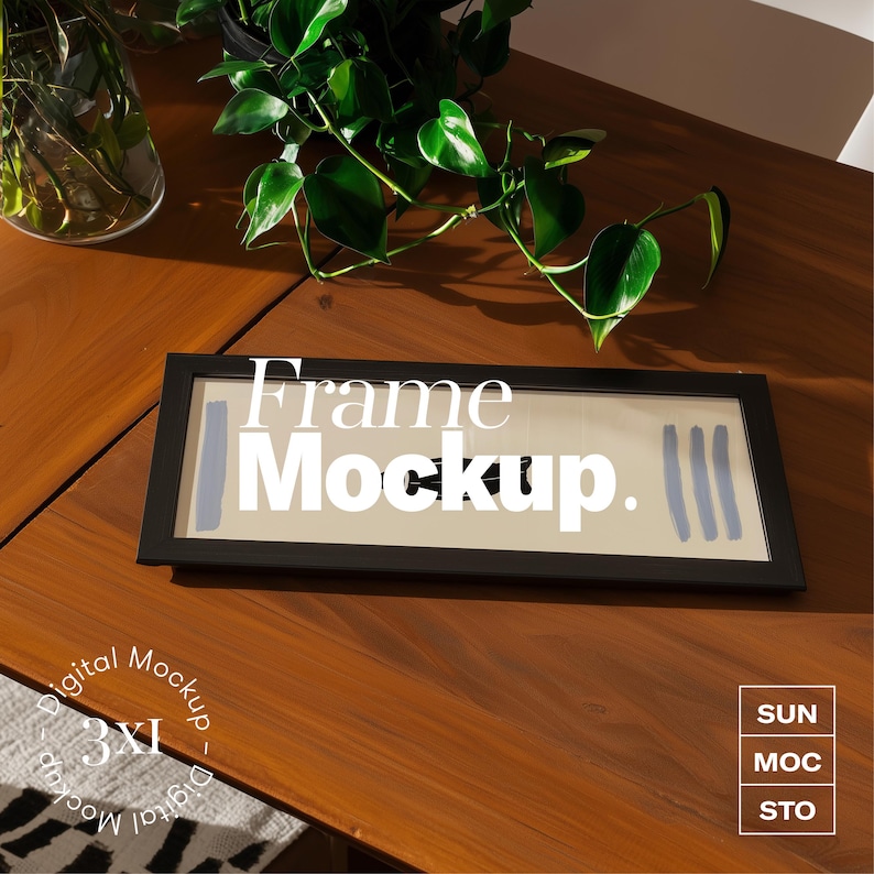 Panoramic Frame Mockup: 3x1 Ratio, Walnut Table, Sunlight, Interior ...