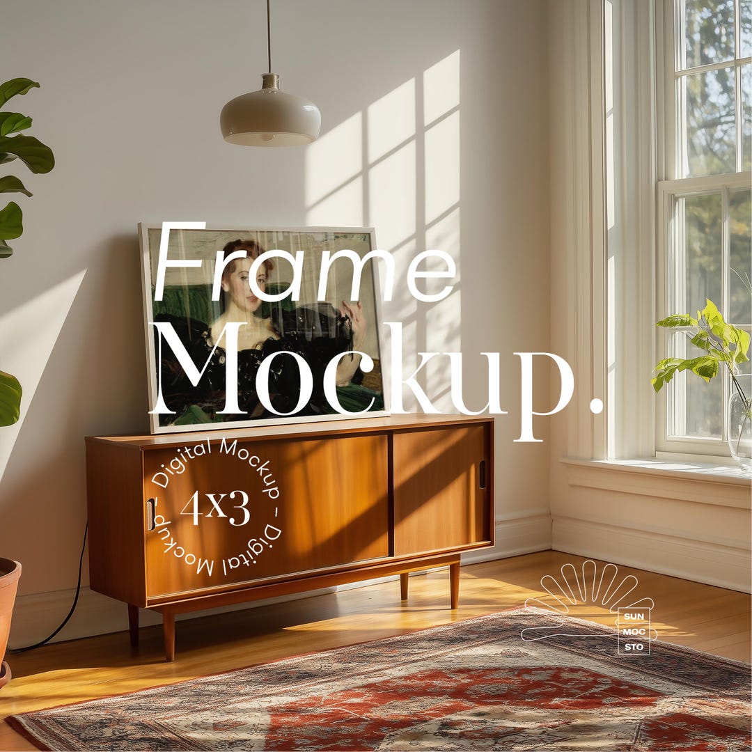 Retro Modern White Landscape Frame Mockup Above Mid-century Sideboard ...