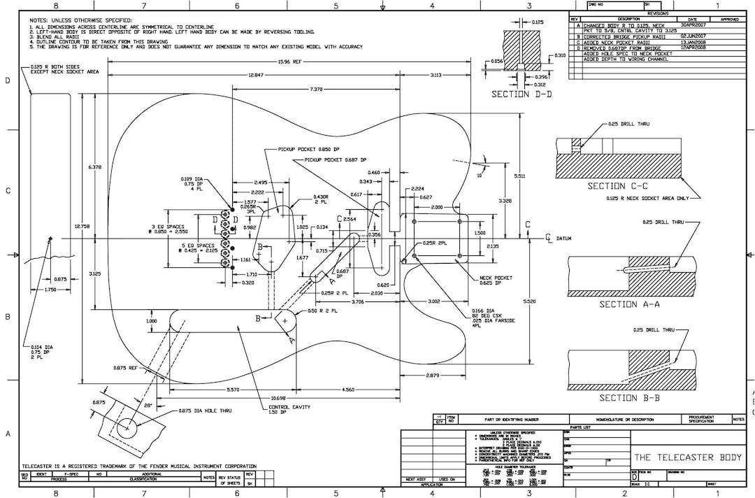 Telecaster Body Plans Vector in Svg, Pdf, Dfx, Ai and Jpg. Detailed 1:1 ...