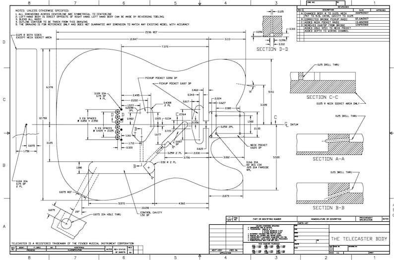 Telecaster Body Plans Vector in Svg, Pdf, Dfx, Ai and Jpg. Detailed 1:1 ...