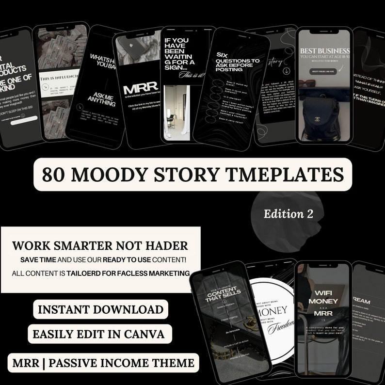Faceless MRR Theme IG Templates & Story Slides for Social Media, Moody ...