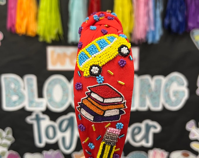 School Bus, School Books, and Pencil Hand Beaded Headband Teacher ...