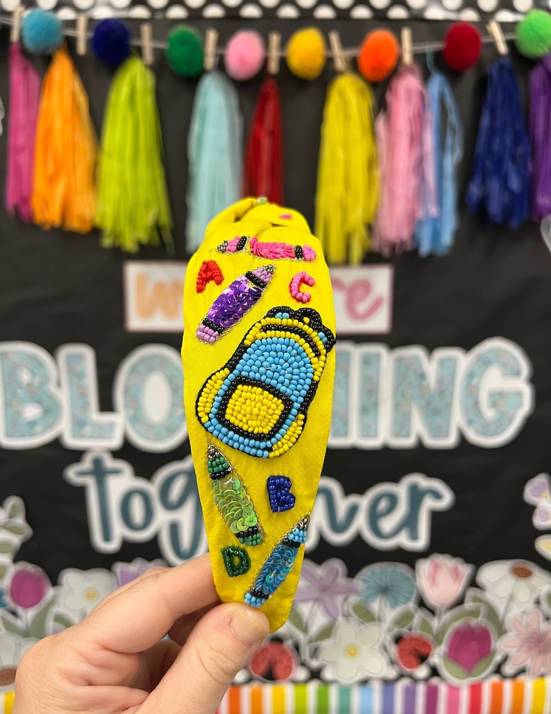 School Backpack, Pencils and Abcs Hand Beaded Headband Teacher & School ...