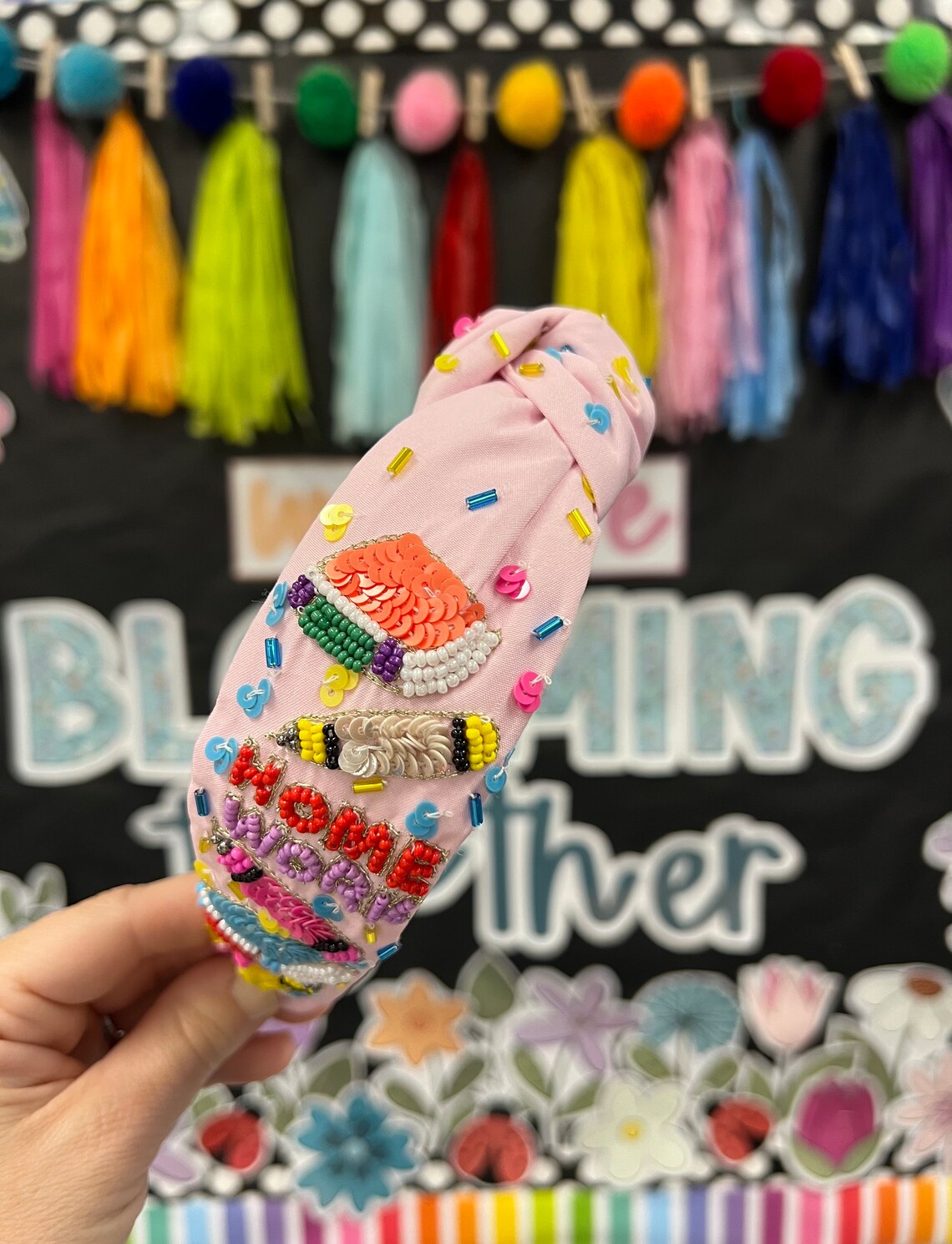 Homework, School Books, and Pencils Hand Beaded Headband Teacher ...