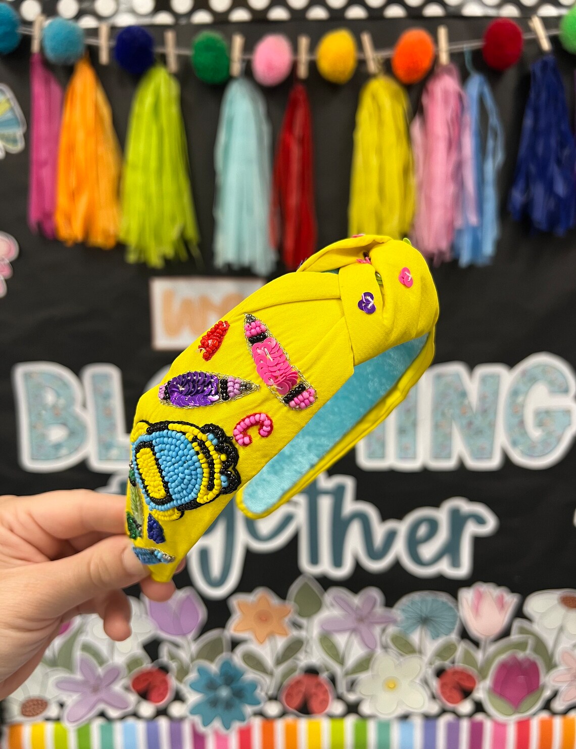 School Backpack, Pencils and Abcs Hand Beaded Headband Teacher & School ...