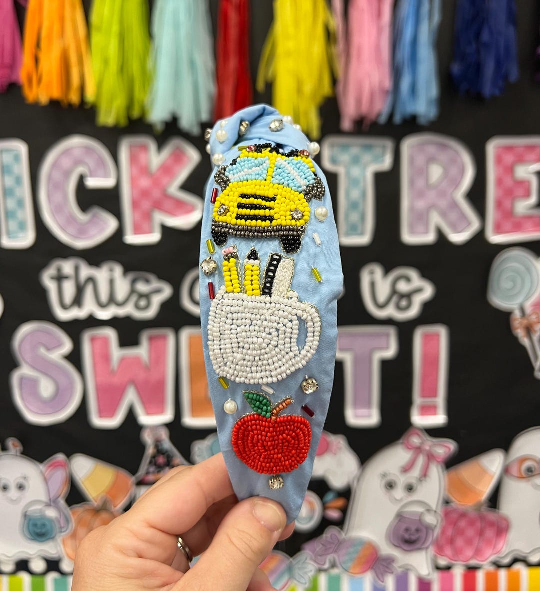 School Bus, Coffee Cup With Pencils and Apple Hand Beaded Headband ...