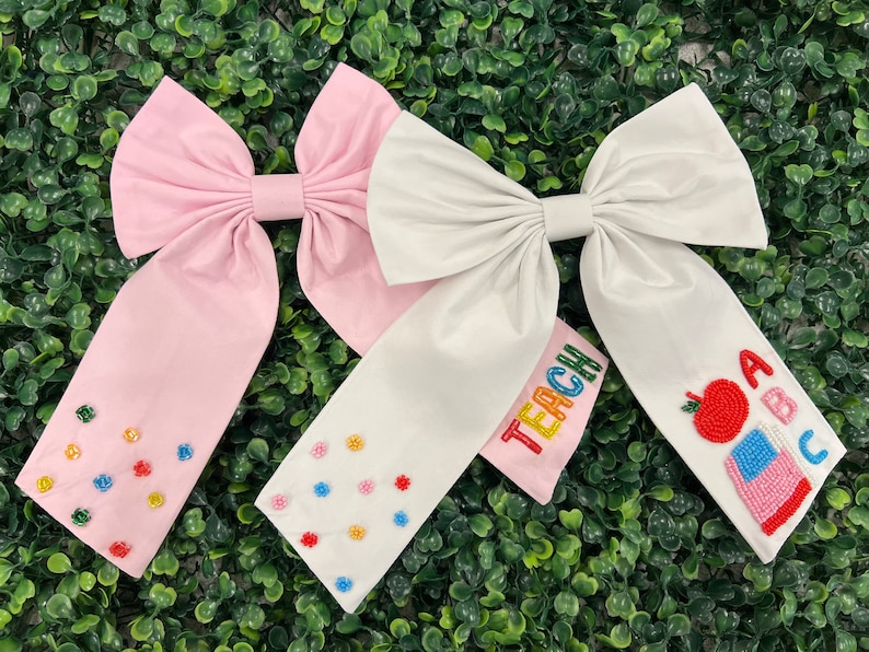 School & Teacher Themed Hand Beaded Clip on Bows - Etsy