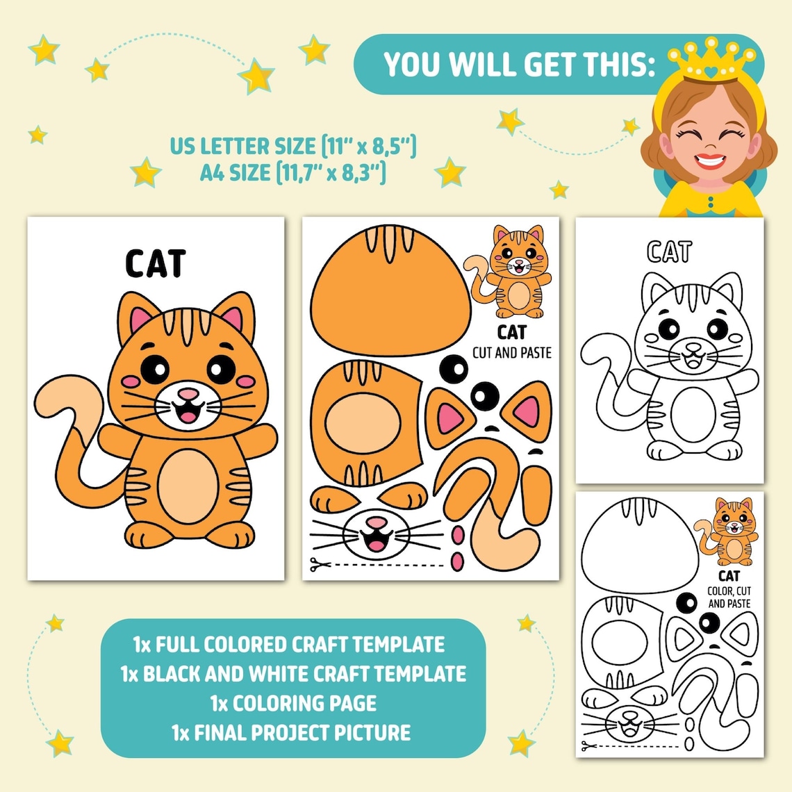 Printable Cut and Paste Cat Craft, Paper Animal, Build a Cat, Create ...
