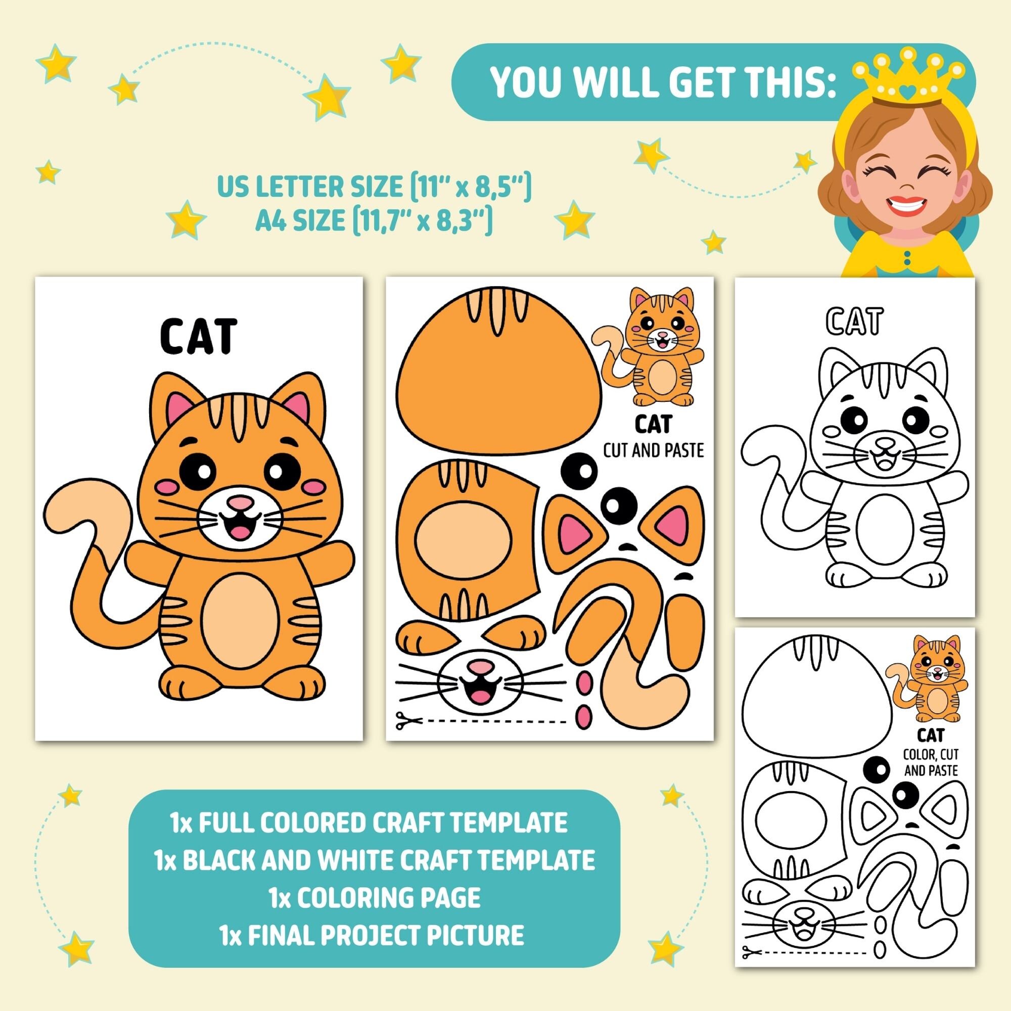 Printable Cut and Paste Cat Craft, Paper Animal, Build a Cat, Create ...