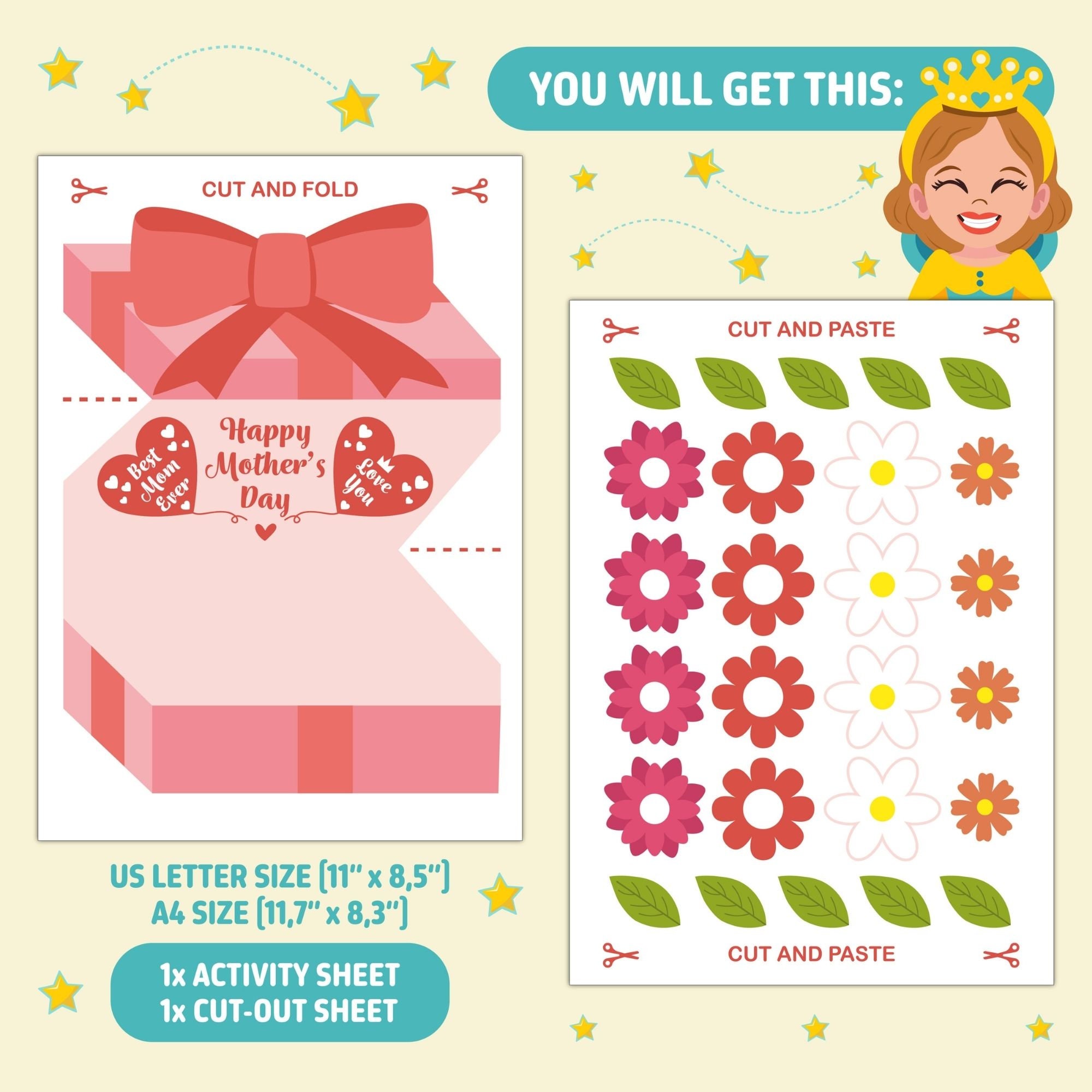 Printable Mother's Day Gift Box Card, Cut & Paste Flower Bouquet for ...