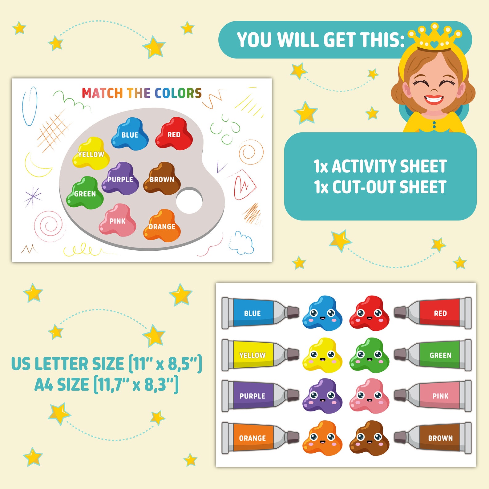 Digital Printable Color Matching Activity for Kids, Paint Palette Color ...