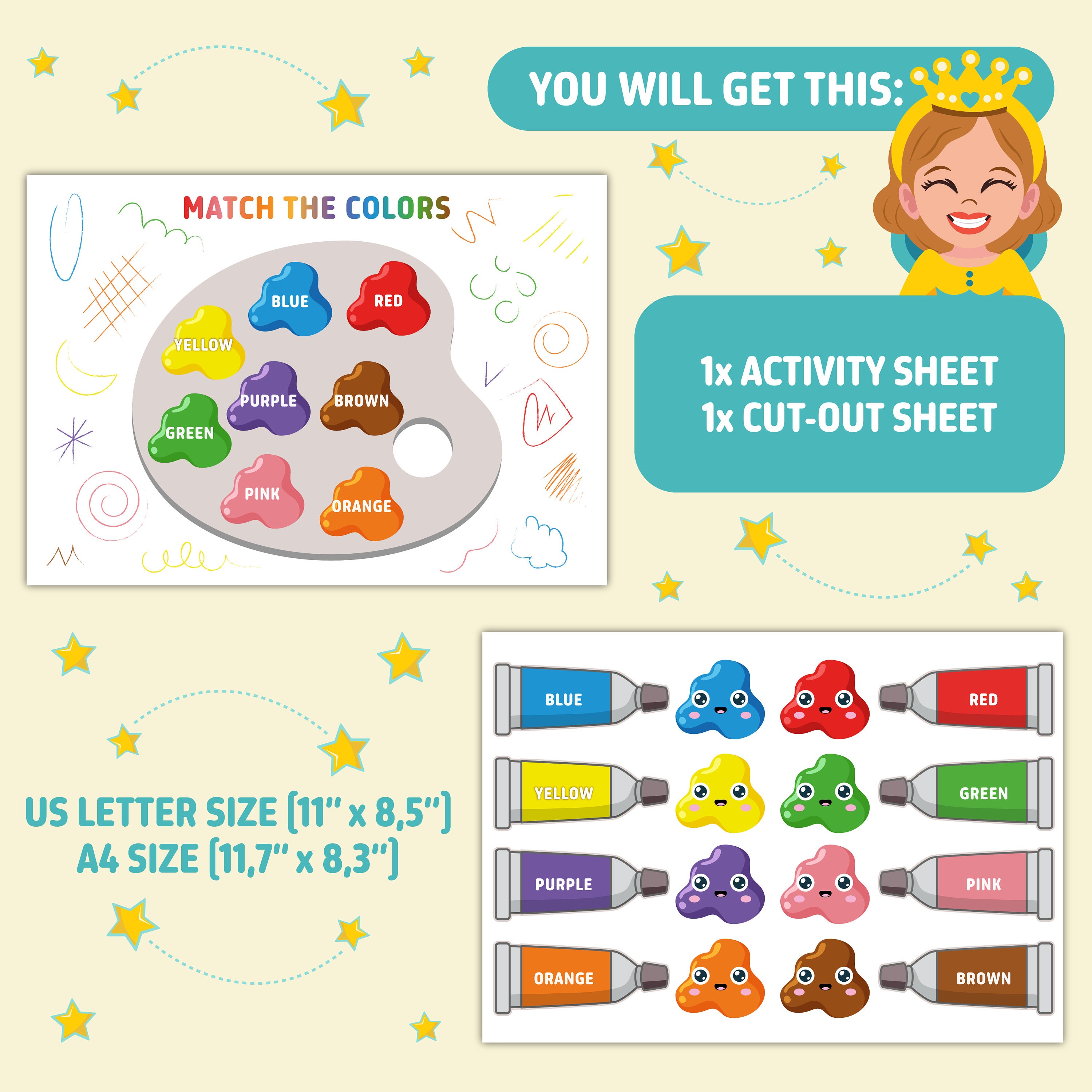 Digital Printable Color Matching Activity for Kids, Paint Palette Color ...