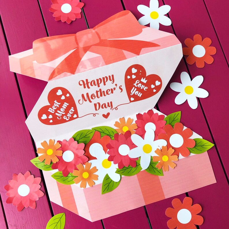 Printable Mother's Day Gift Box Card, Cut & Paste Flower Bouquet for ...