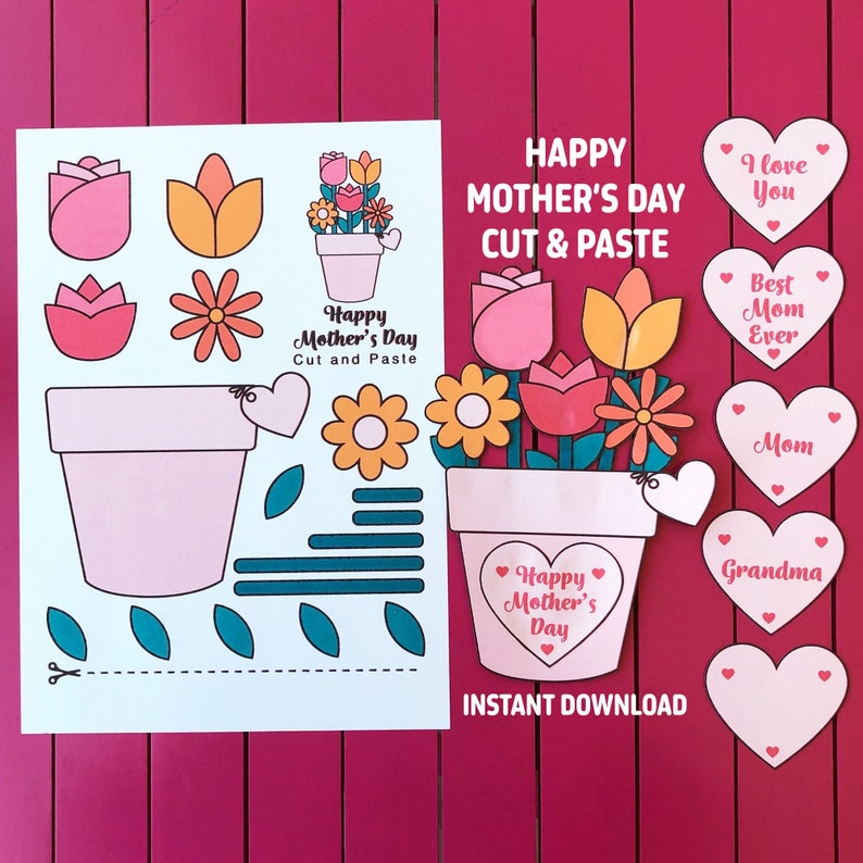 Printable Mother's Day Cut & Paste Flower Bouquet Gift Card, Greeting ...