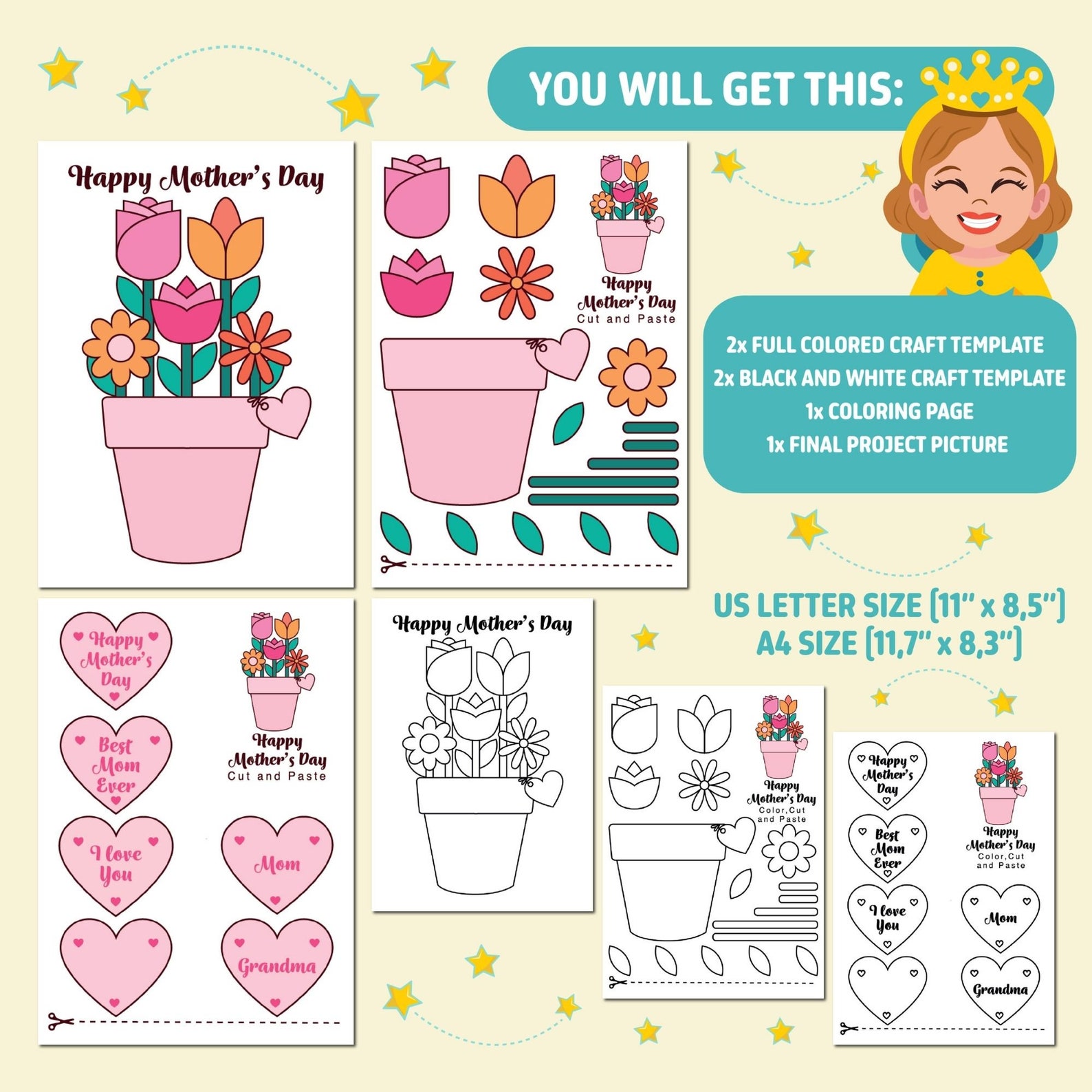 Printable Mother's Day Cut & Paste Flower Bouquet Gift Card, Greeting ...