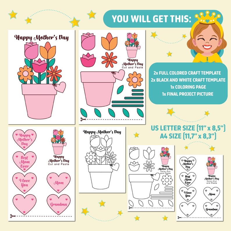 Printable Mother's Day Cut & Paste Flower Bouquet Gift Card, Greeting ...