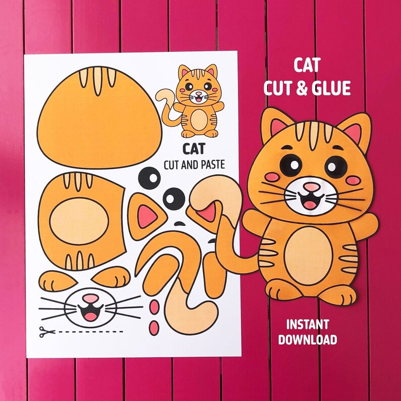 Printable Cut and Paste Cat Craft, Paper Animal, Build a Cat, Create ...