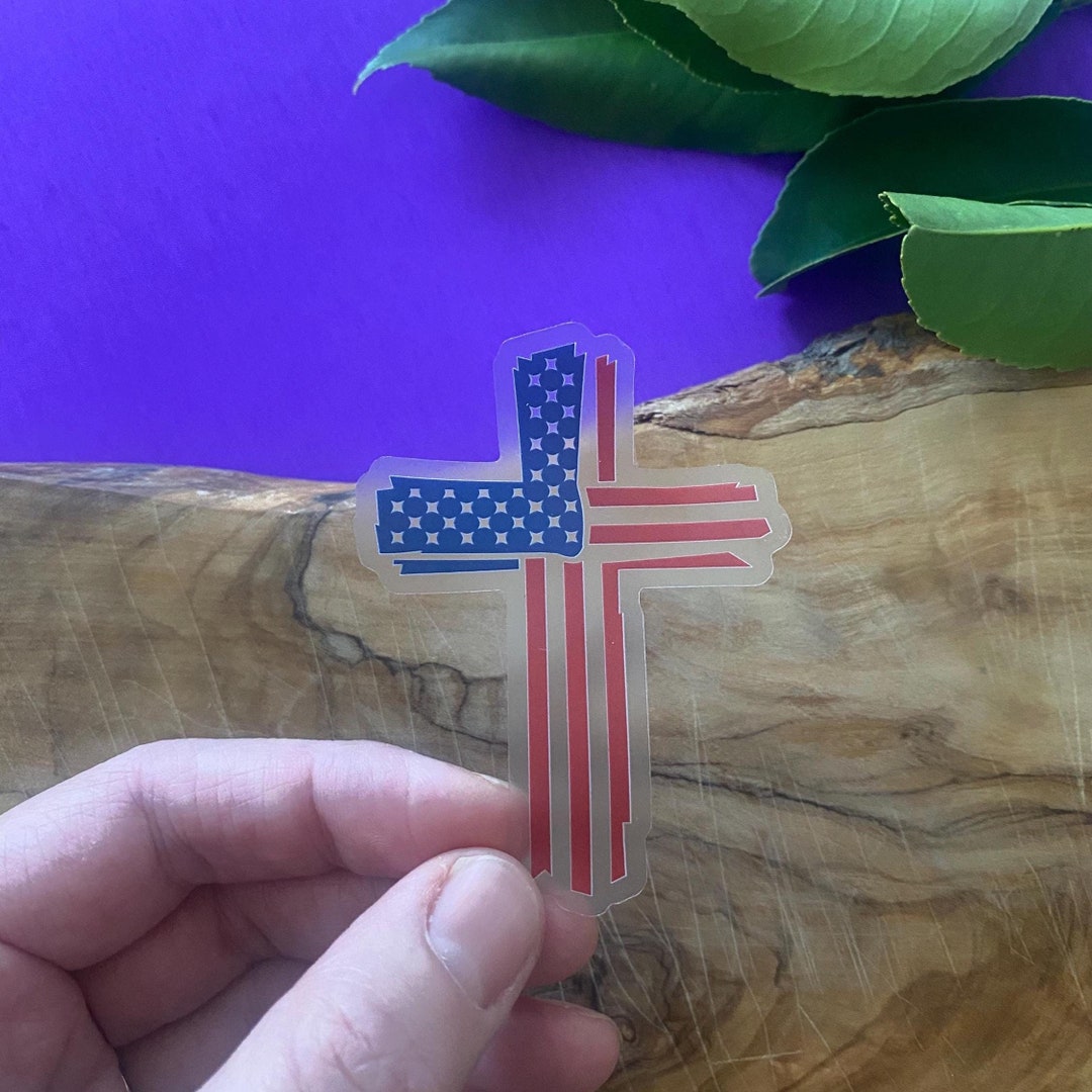 American Flag Cross Sticker Clear Vinyl Sticker Religious Faith Based ...