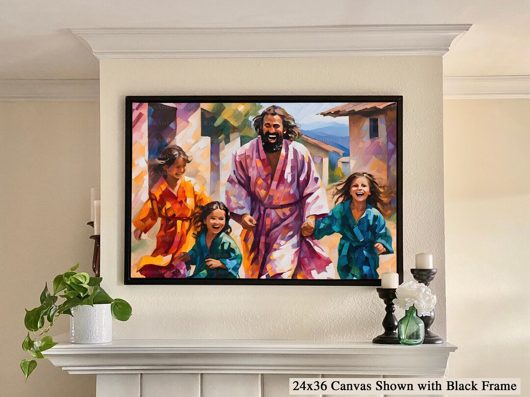 Jesus Running With Kids – Laminated Christian Canvas Art - Etsy