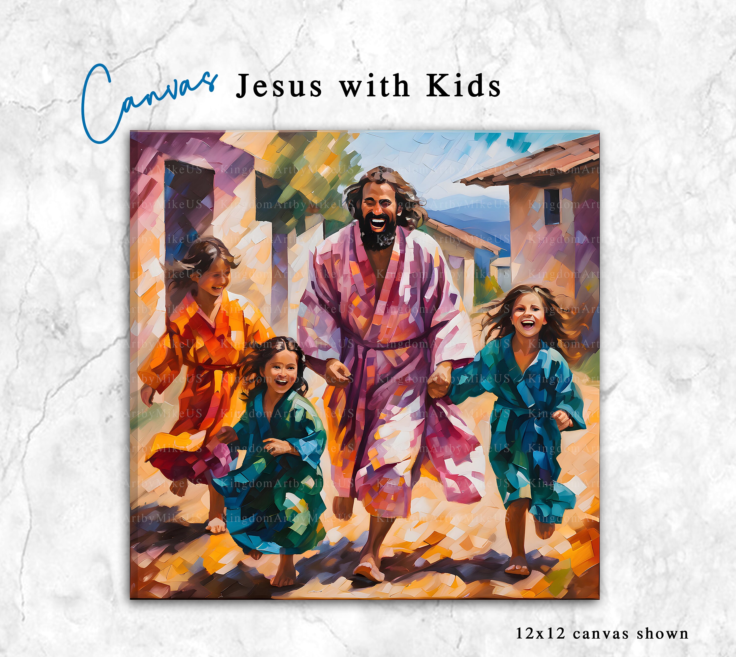 Jesus Running With Kids - Christian Art on Canvas | Happy Jesus, Church ...