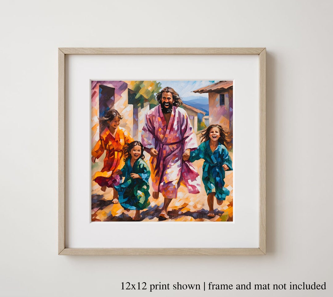 Joyful Jesus Running With Kids Art Print - Etsy