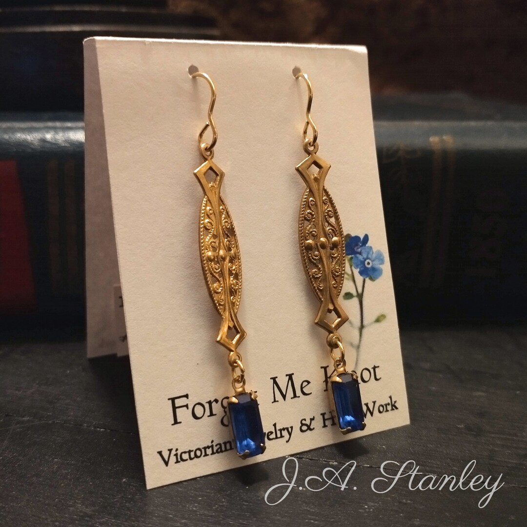 Sapphire Blue Reproduction 19th Century Victorian Earrings, 18k Gold ...
