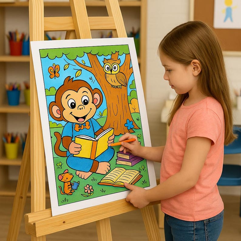 Monkey Reads Coloring Poster for Kids – Large Printable Poster 18x24 ...