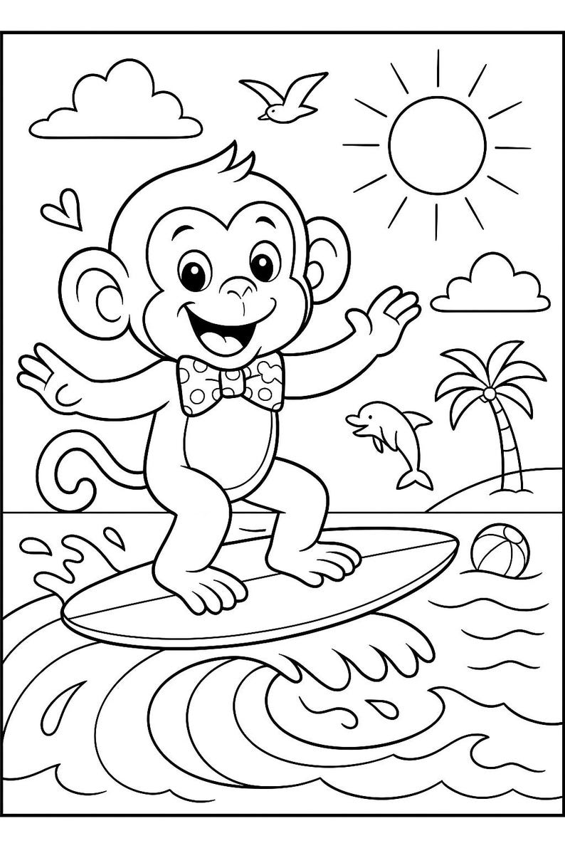 Monkey Surfer Coloring Poster for Kids – Large Printable Poster 18x24 ...