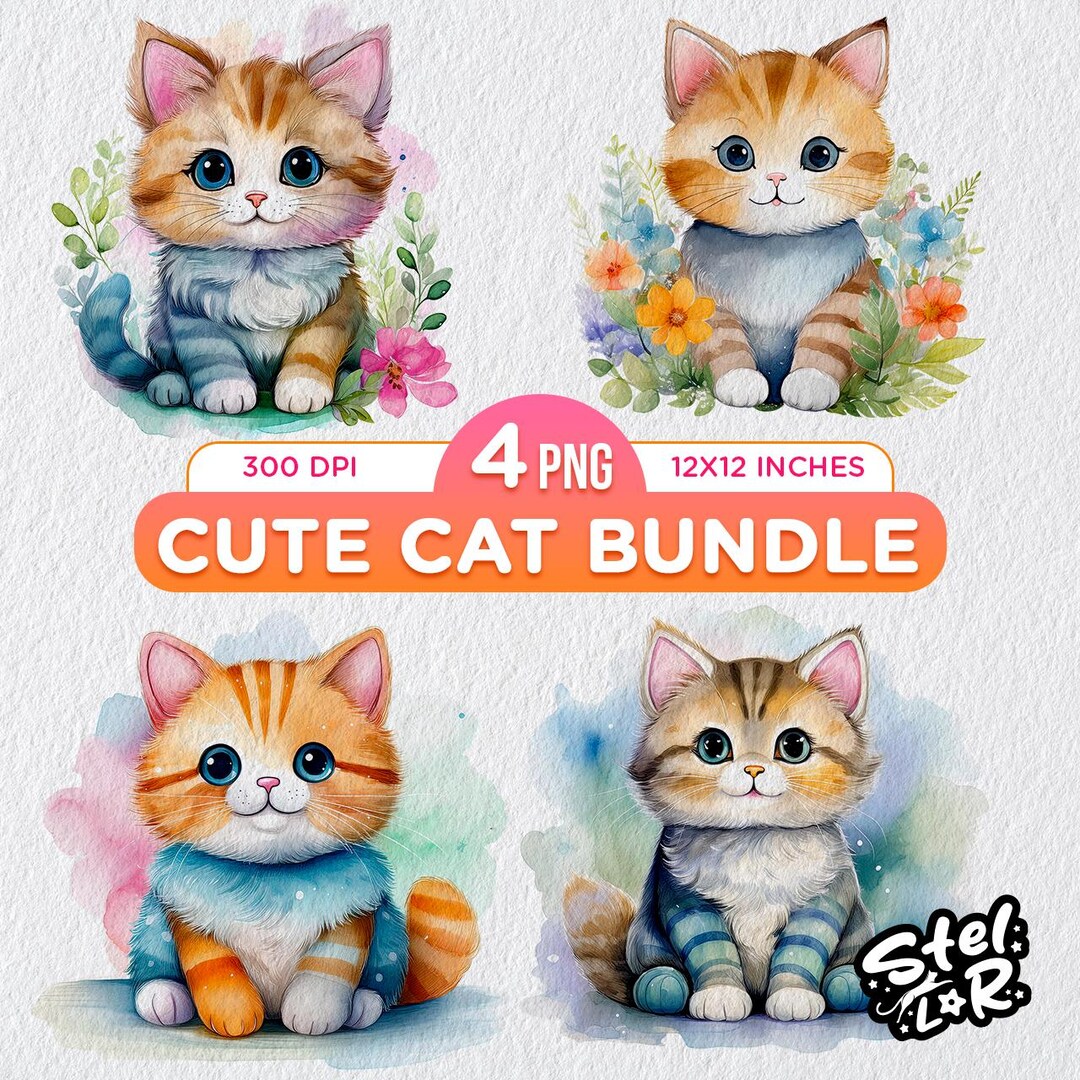 4 Cute Cats Clipart, Watercolor Clipart, Kittens, High-quality JPG ...
