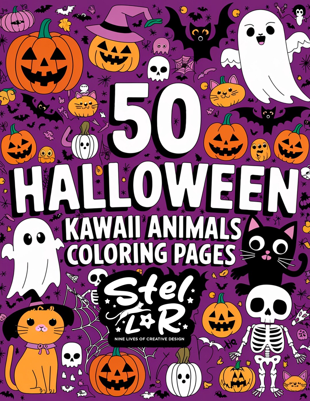 Halloween Coloring Book, 5o Halloween Cute Kawaii Animals Coloring ...