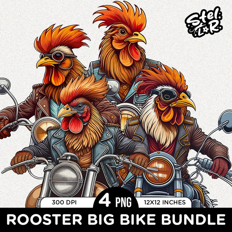 4 Rooster Big Bikes Clipart Bundle, Chicken Animal PNG, High-quality ...
