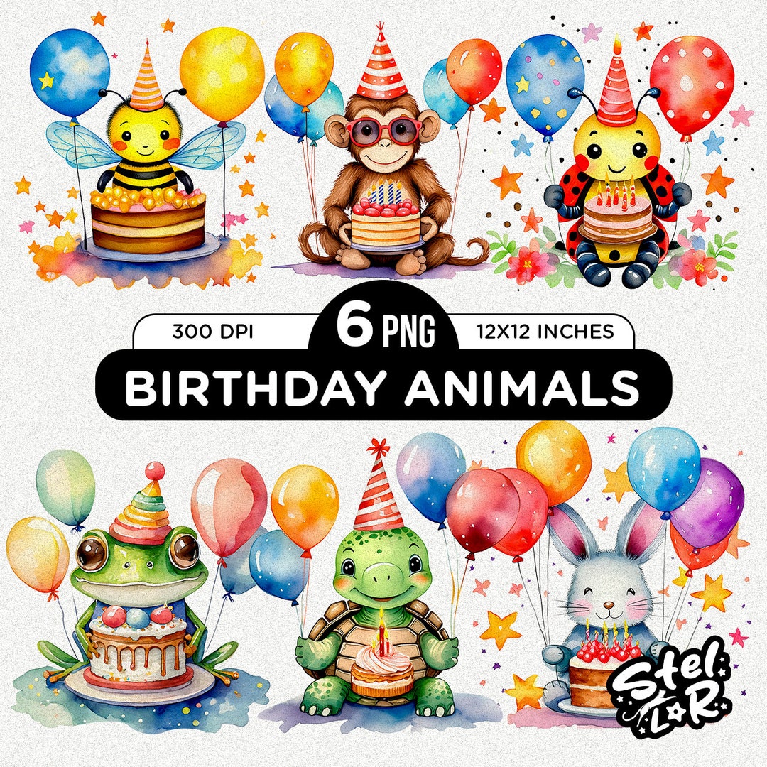 Cute Birthday Animals Clipart Bundle, Kawaii Birthday, Printable ...