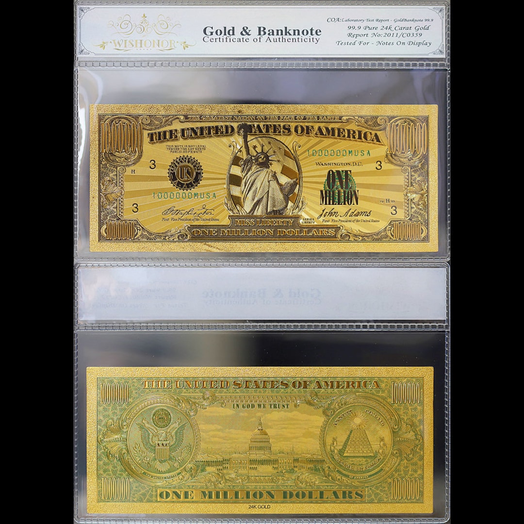 Gold 1,000,000 One Million Dollars Fantasy Banknote Type 1 White COA - Etsy