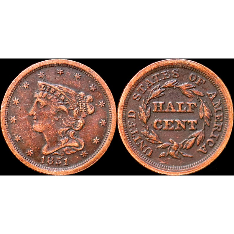 1851 Braided Hair Half Cent Copper Coin Circulated - Etsy