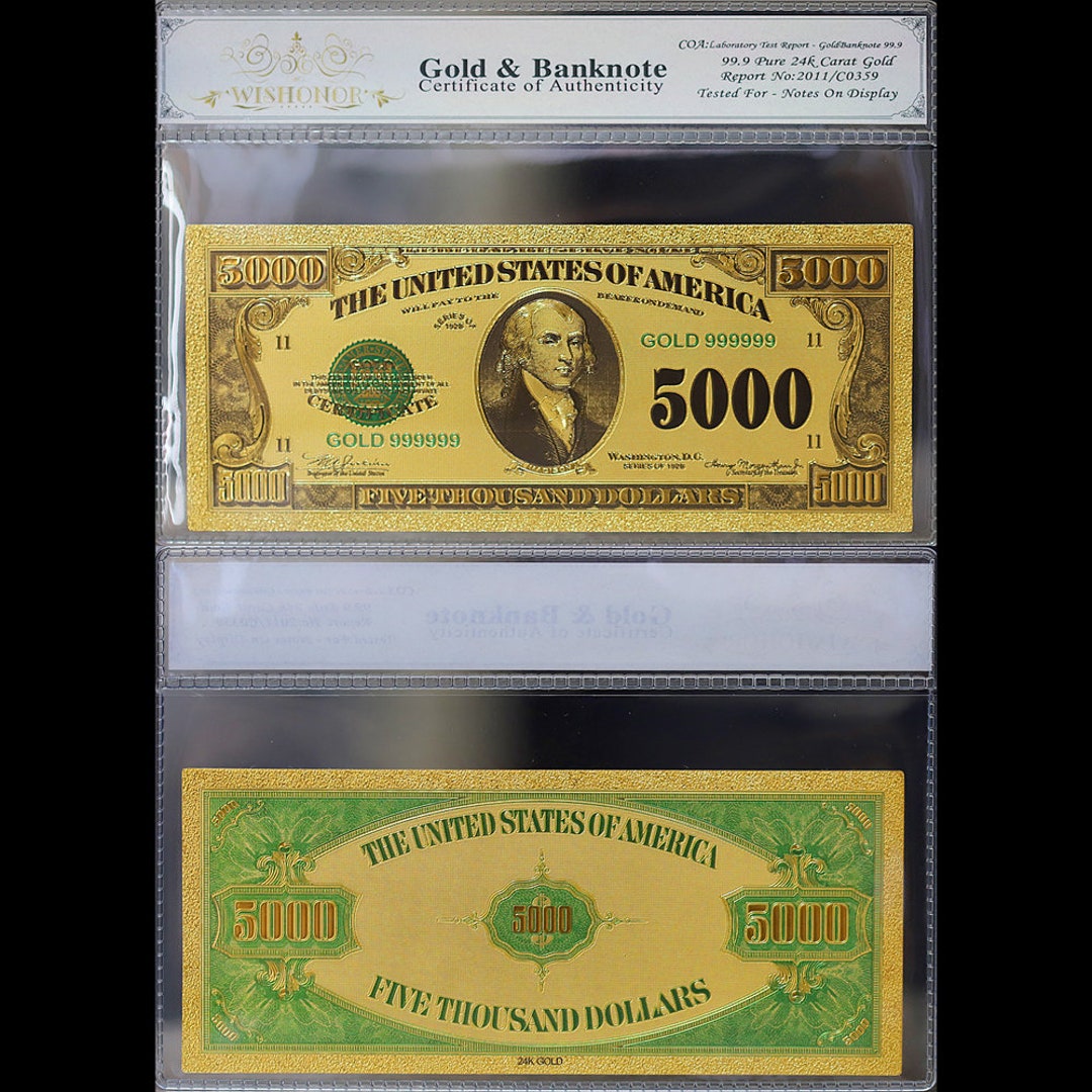 Gold 1928 5000 Five Thousand Dollars Banknote Collectible With Bag ...
