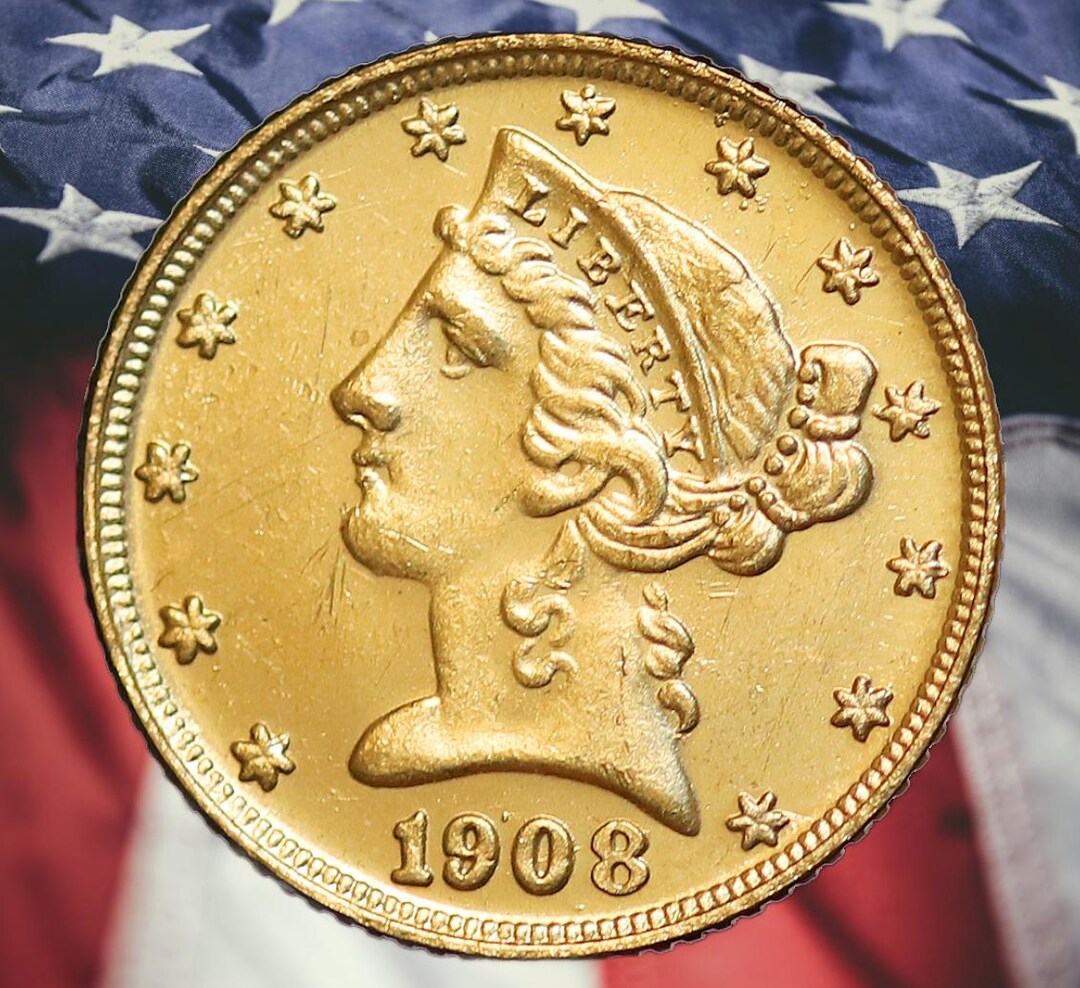 1908 Five Dollar Liberty Head Half Eagle Gold Plated Coin ...