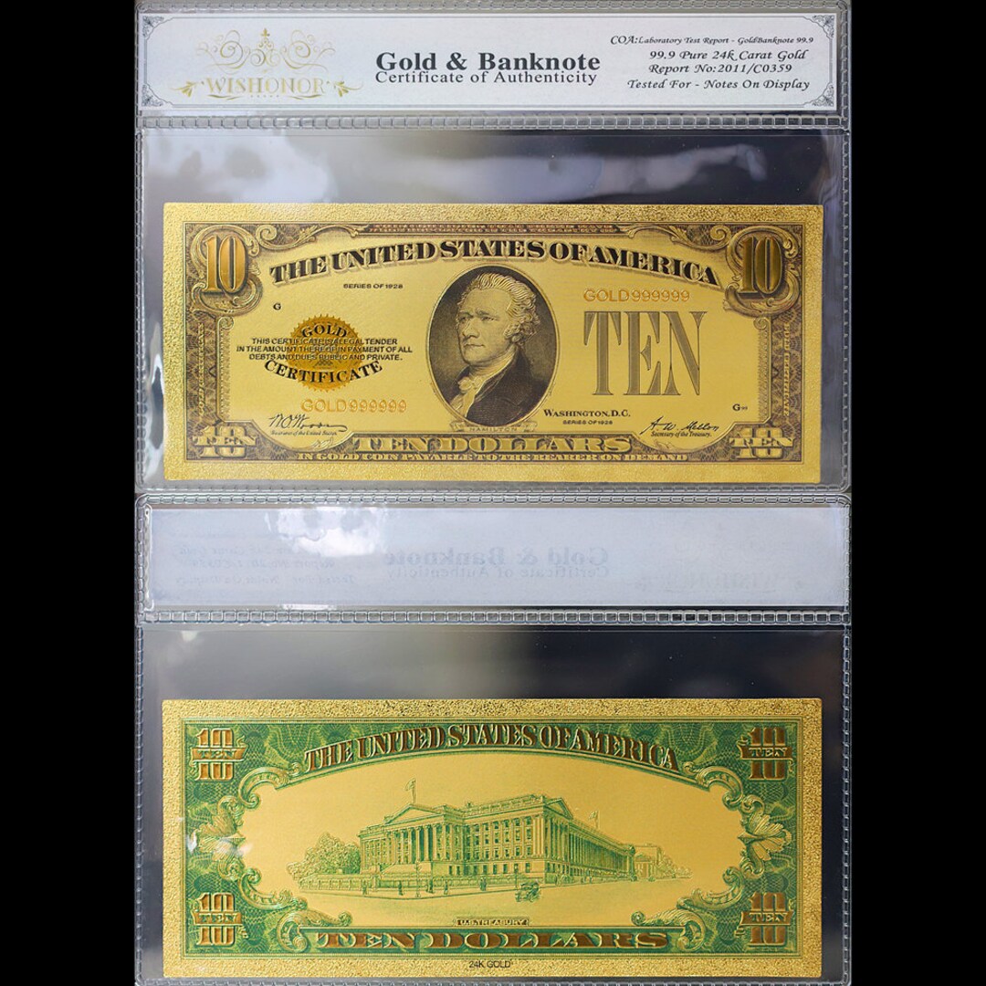 Gold 1928 10 Ten Dollars Banknote Collectible With Bag & Certificate - Etsy