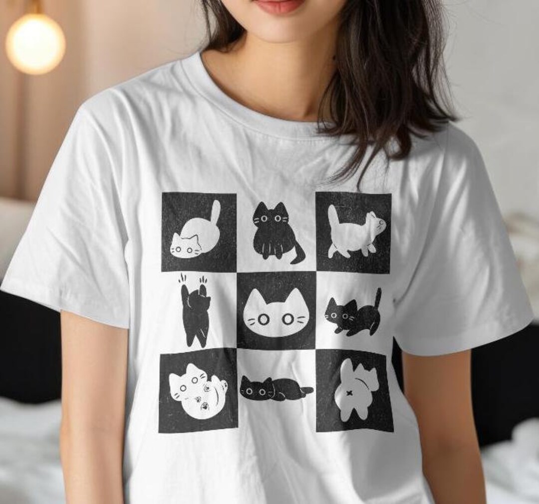 Cute Cat Checkerboard T-shirt, 3x3 Grid With Adorable Cartoon Cats in ...
