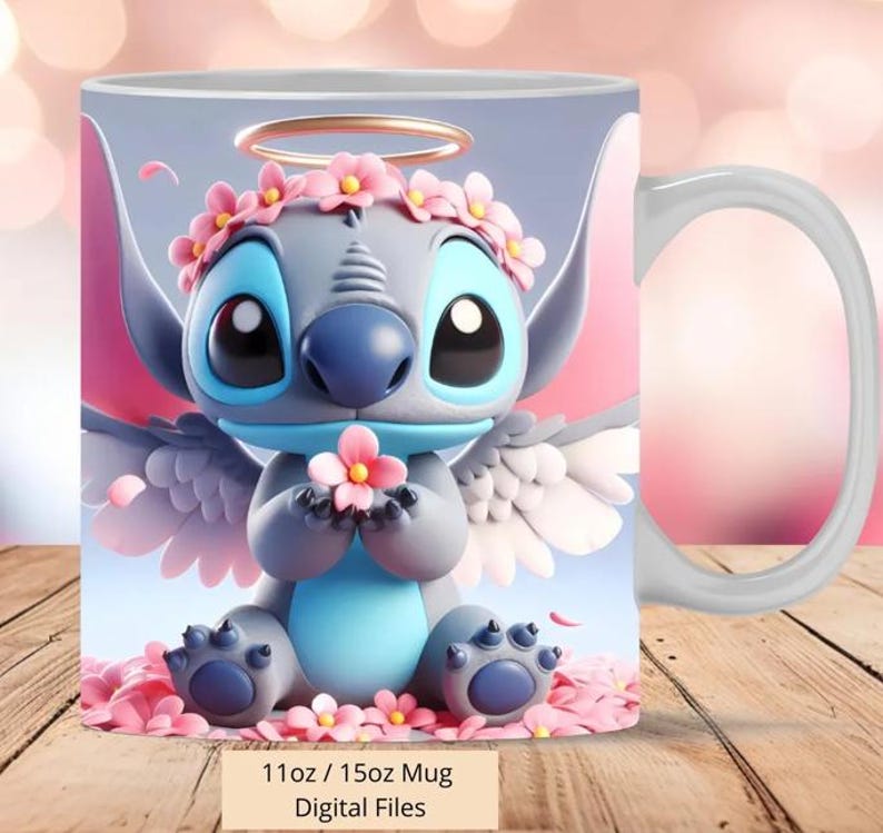 3D Stich Angel Flowers Mug Wrap, 3D Mug Wrap Sublimation Design PNG ...