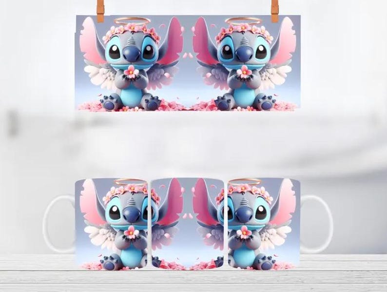 3D Stich Angel Flowers Mug Wrap, 3D Mug Wrap Sublimation Design PNG ...